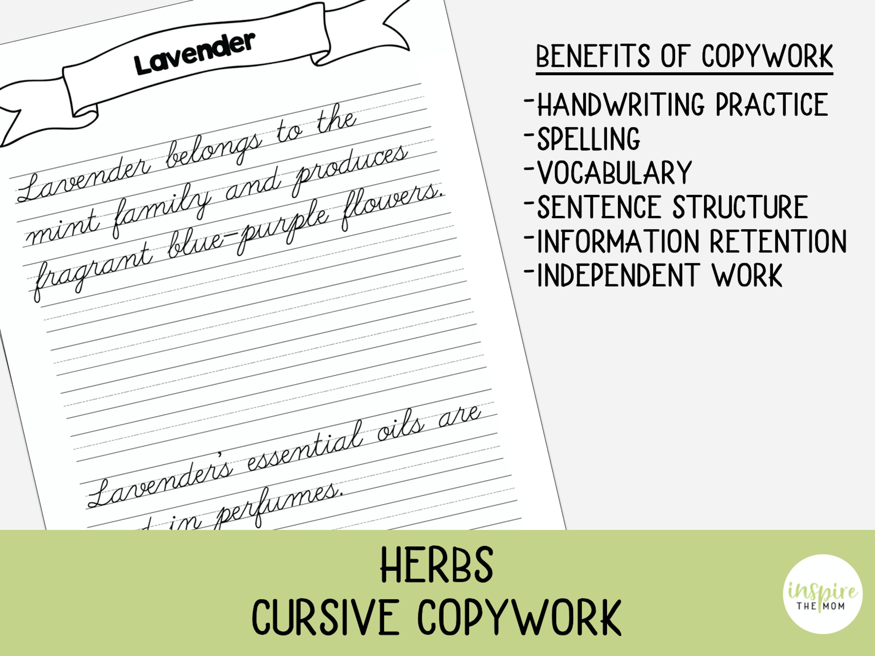 Herbs, Cursive Copywork, Herb Facts, Cursive Handwriting Practice ...