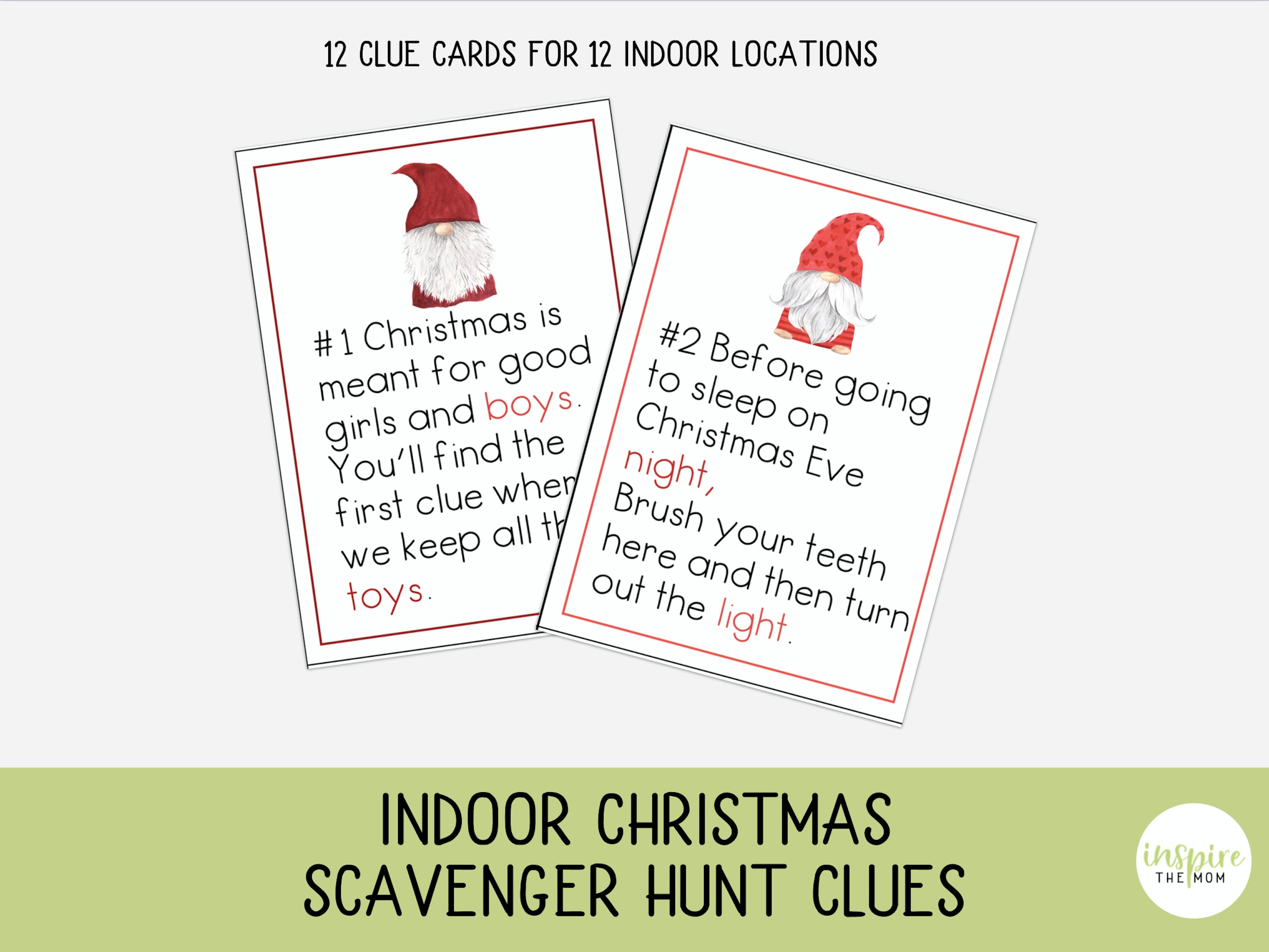 Indoor Christmas Scavenger Hunt Clues, 12 Cards, 12 Locations ...