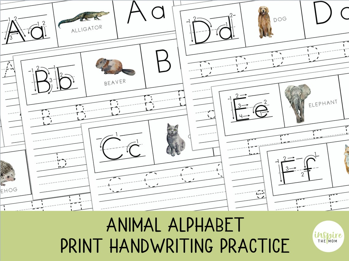 Animal Alphabet, Print Handwriting, Practice Pages, A-Z, Homeschool ...