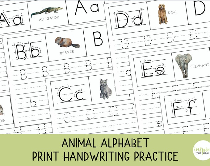 Animal Alphabet Print Handwriting Practice Pages A-Z - Etsy
