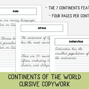 Continents of the World, Cursive Copywork, Continent Facts, Cursive ...