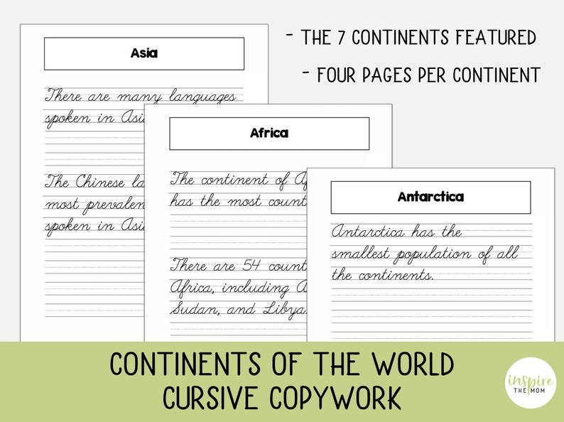 Continents of the World Cursive Copywork Continent Facts - Etsy