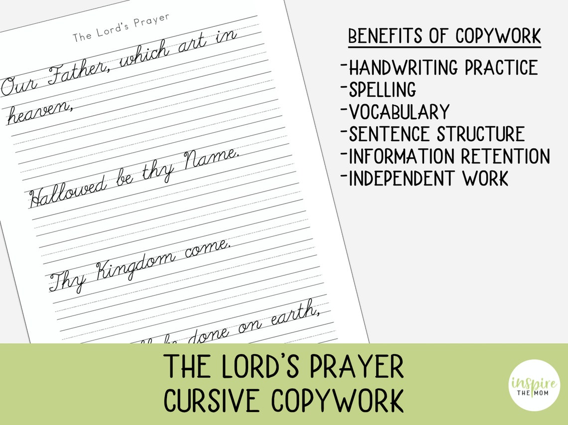 The Lord's Prayer Cursive Copywork, Homeschool Printable, Cursive ...
