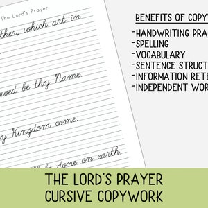 The Lord's Prayer Cursive Copywork, Homeschool Printable, Cursive ...