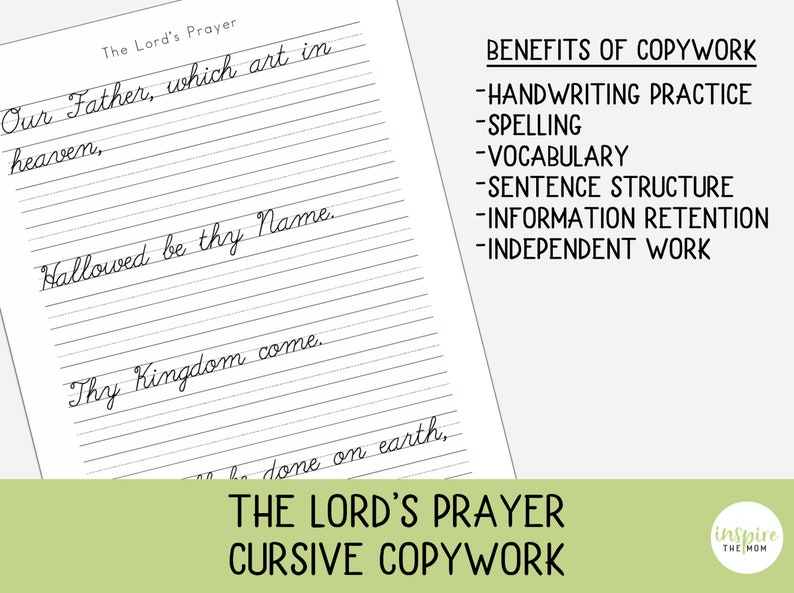 The Lord's Prayer Cursive Copywork, Homeschool Printable, Cursive ...