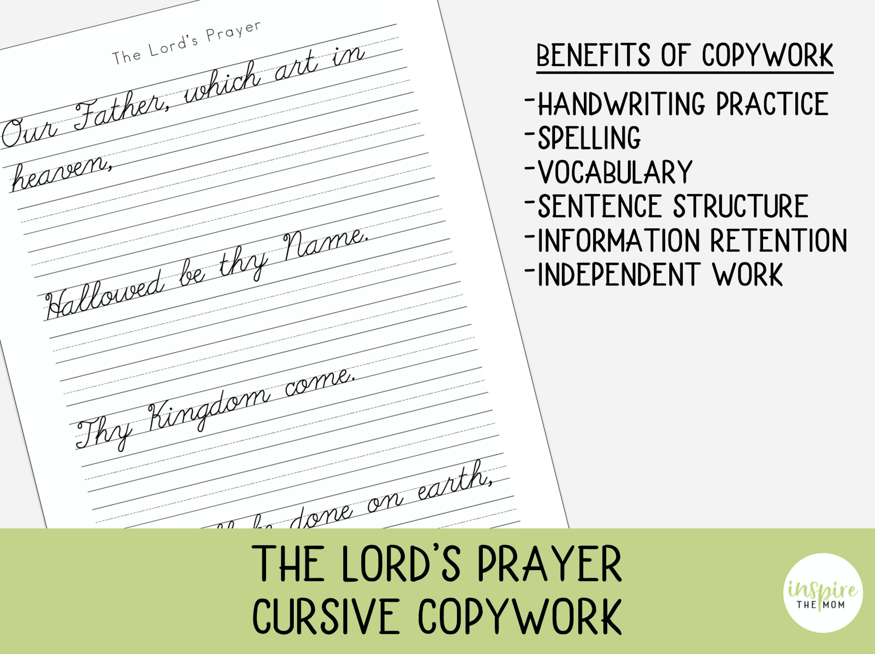 The Lord's Prayer Cursive Copywork, Homeschool Printable, Cursive ...
