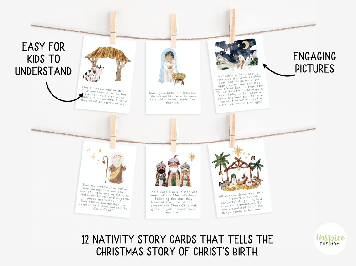 Nativity Story Cards, 12 Printable Cards, Jesus' Birth, Advent ...