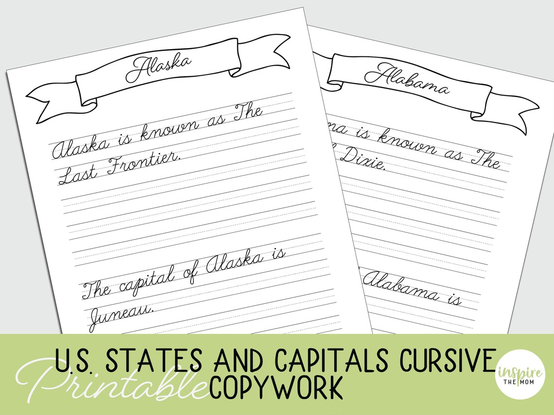 U.S. States and Capitals Cursive Copywork, Homeschool Printable ...