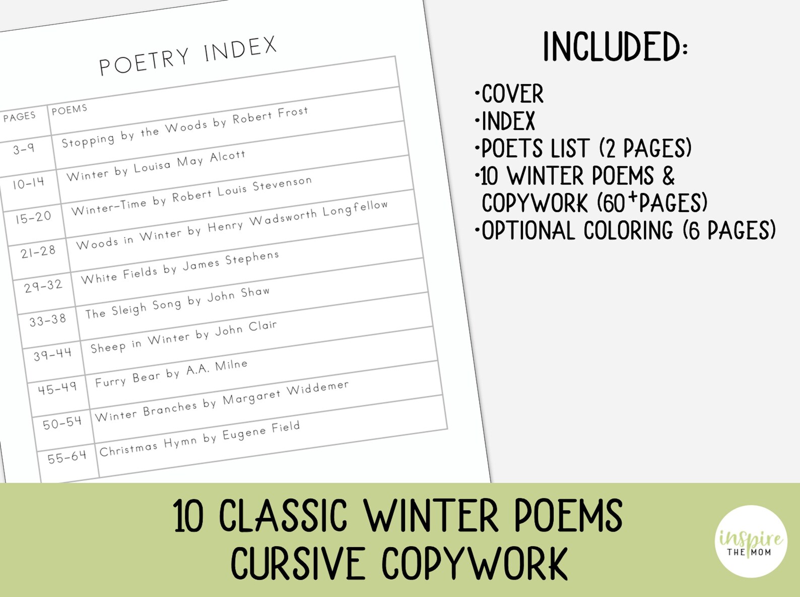Winter Poems Cursive Copywork, CURSIVE Handwriting Practice, Charlotte ...