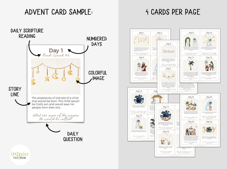 24 Nativity Christmas Advent Cards, With Scripture References, Advent ...