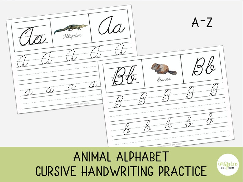 Animal Alphabet CURSIVE Handwriting Practice Pages A-Z | Etsy