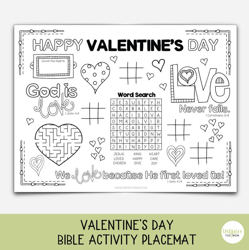 Valentine's Day Bible Activity Placemat for Kids | Bible Activity Sheet ...