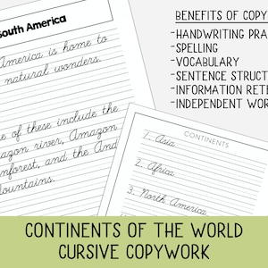 Continents of the World, Cursive Copywork, Continent Facts, Cursive ...