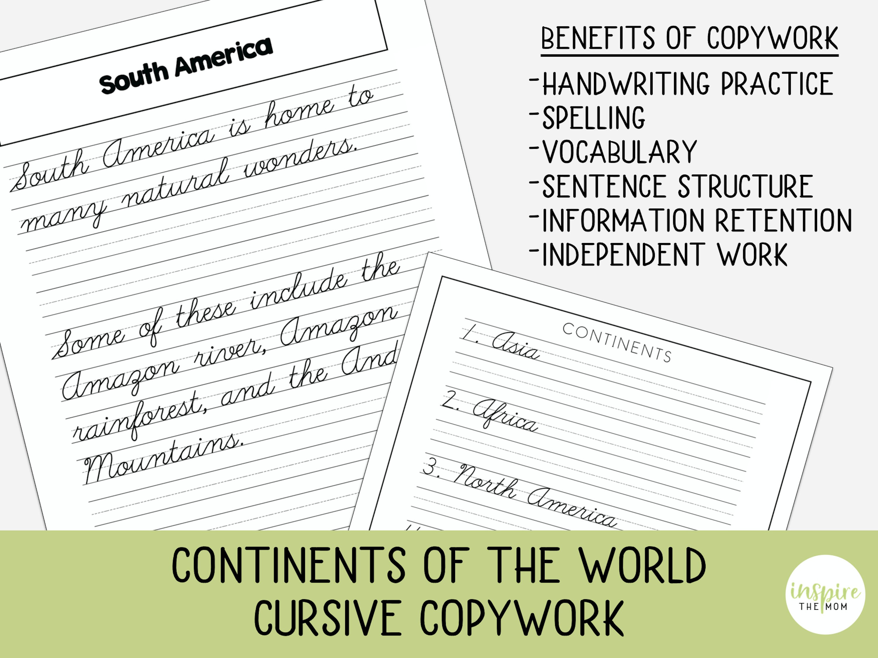 Continents of the World Cursive Copywork Continent Facts - Etsy