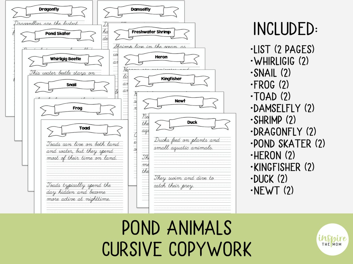 Pond Animals, Cursive Copywork, Pond Animal Facts, Cursive Handwriting ...