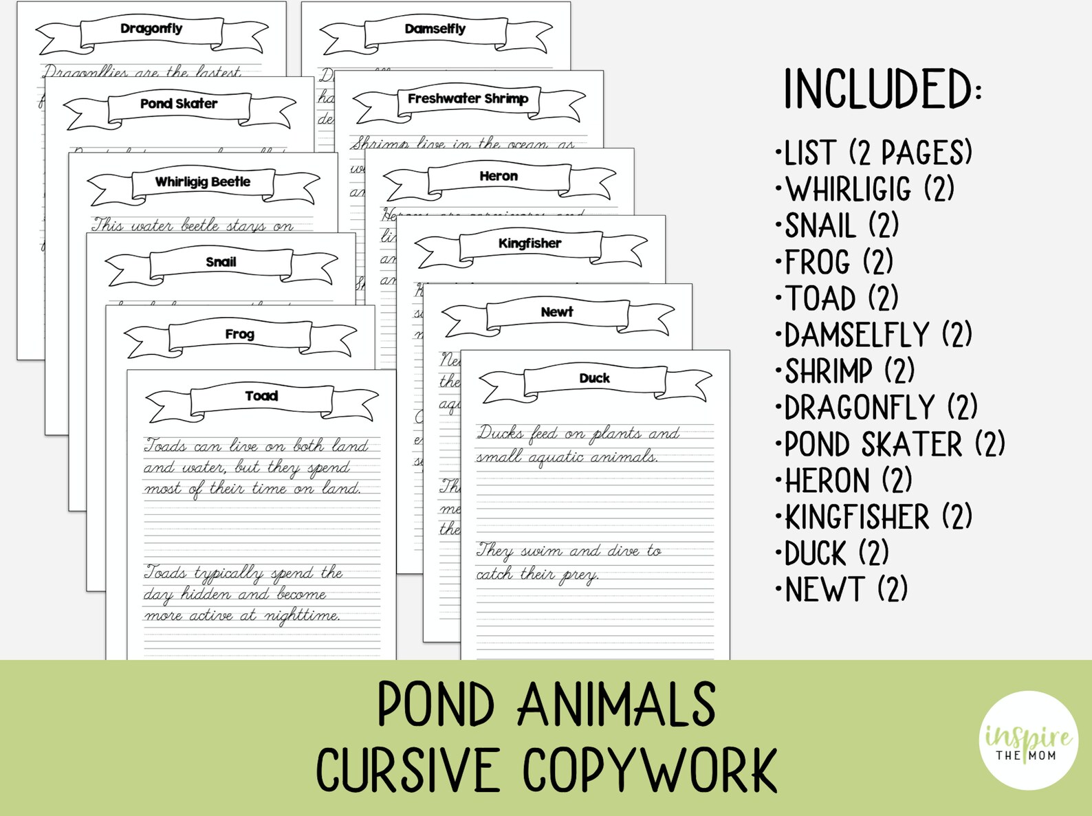 Pond Animals, Cursive Copywork, Pond Animal Facts, Cursive Handwriting ...