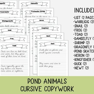 Pond Animals, Cursive Copywork, Pond Animal Facts, Cursive Handwriting ...