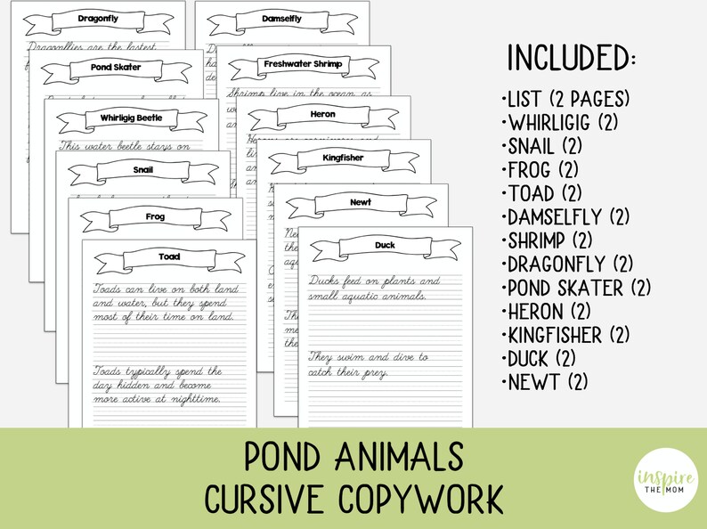 Pond Animals, Cursive Copywork, Pond Animal Facts, Cursive Handwriting ...