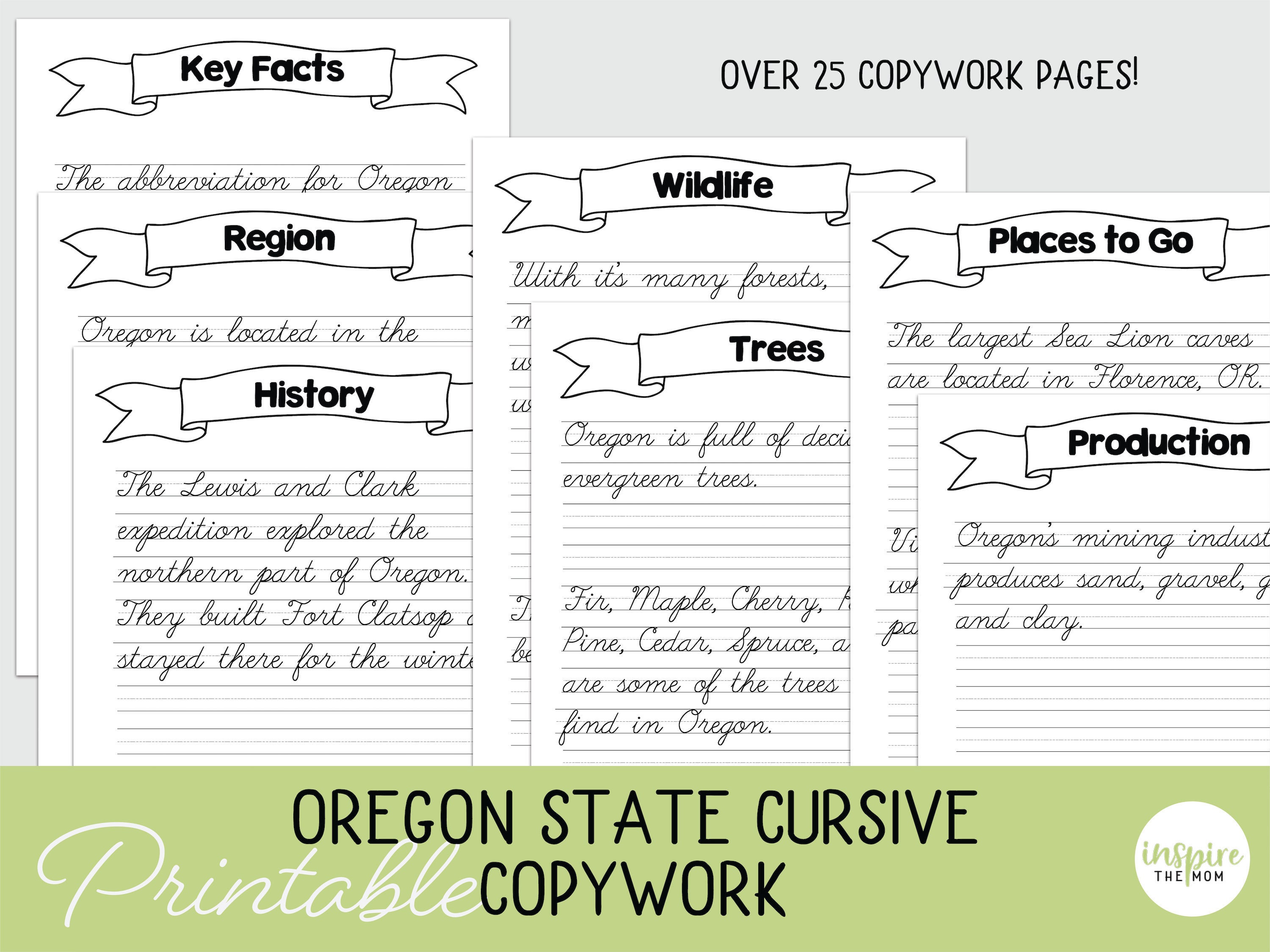 Oregon State Study CURSIVE Copy Work, Homeschool Printable, Oregon ...
