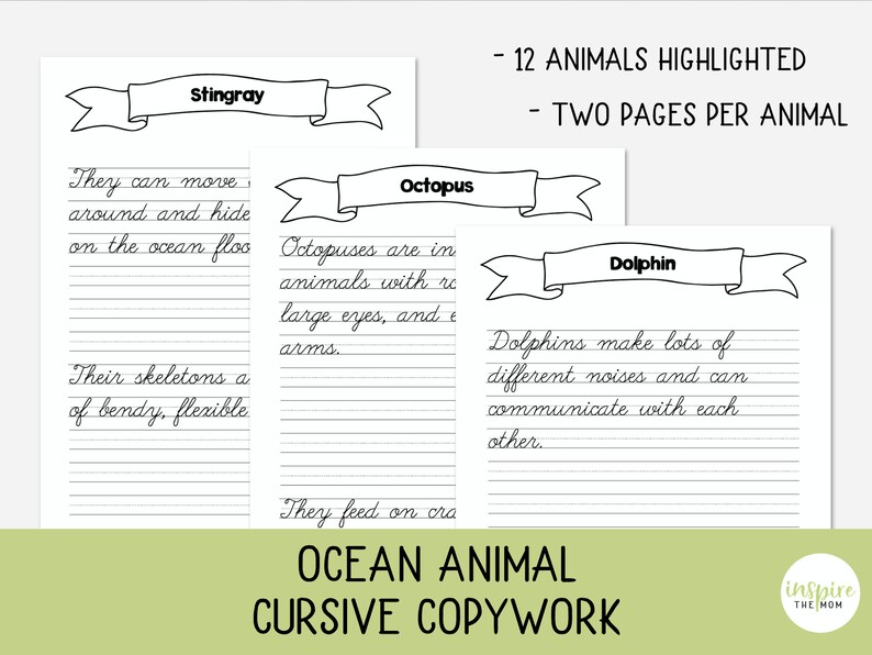 Ocean Animals Cursive Copywork, Ocean Animal Facts, Cursive Handwriting ...
