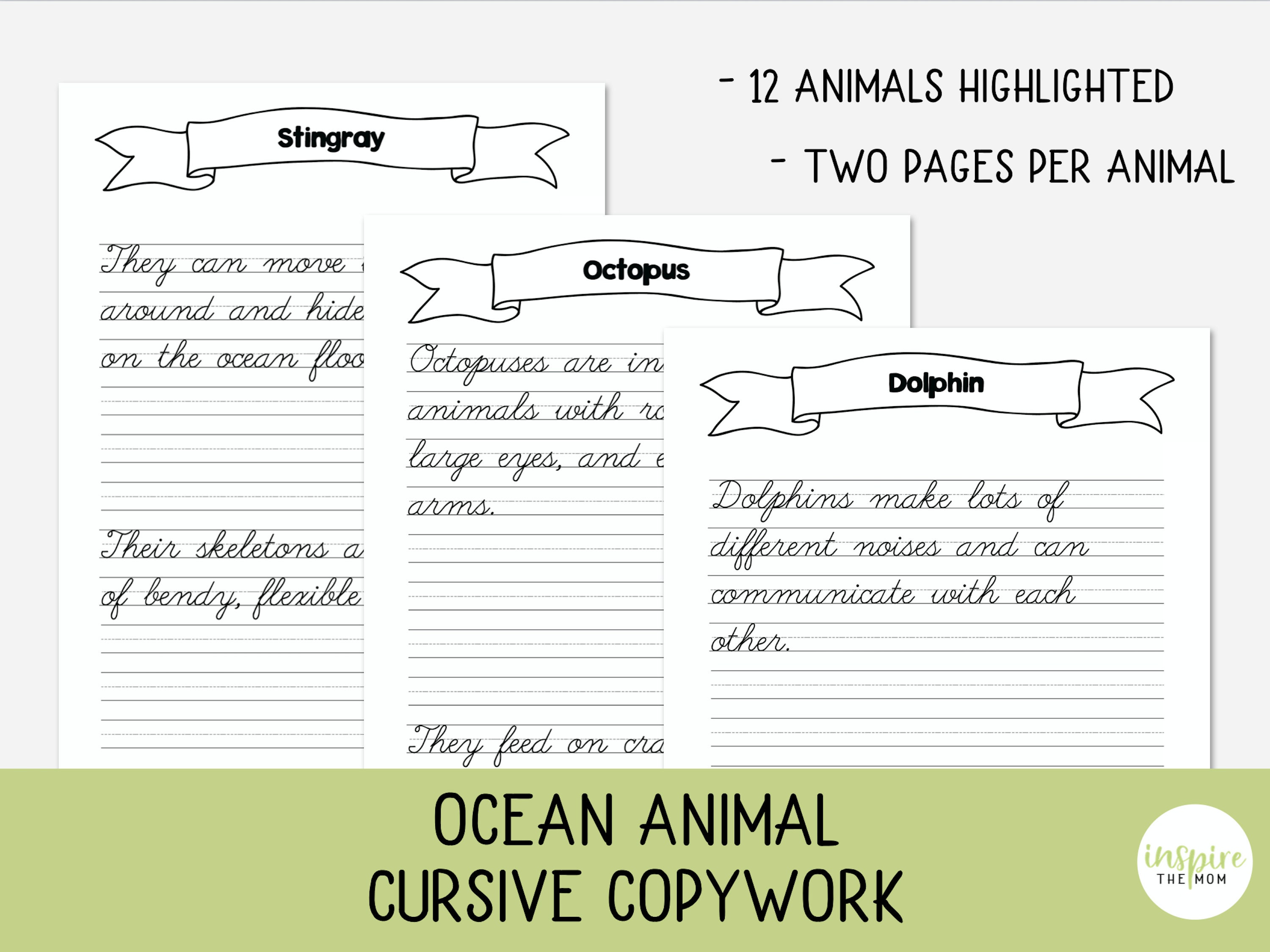 Ocean Animals Cursive Copywork, Ocean Animal Facts, Cursive Handwriting ...