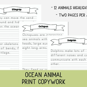 Ocean Animals Print Copywork, Ocean Animal Facts, Print Handwriting ...