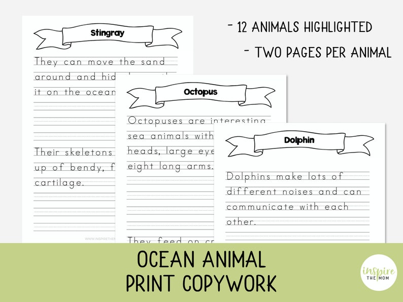 Ocean Animals Print Copywork, Ocean Animal Facts, Print Handwriting ...