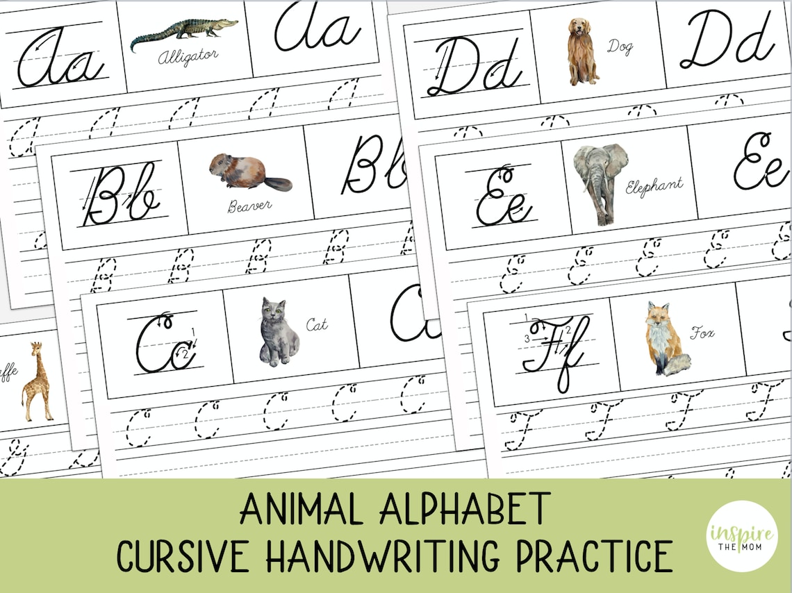 Animal Alphabet CURSIVE Handwriting Practice Pages A-Z | Etsy