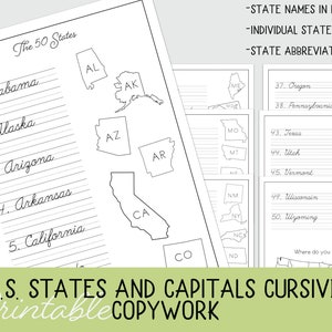 U.S. States and Capitals Cursive Copywork, Homeschool Printable ...