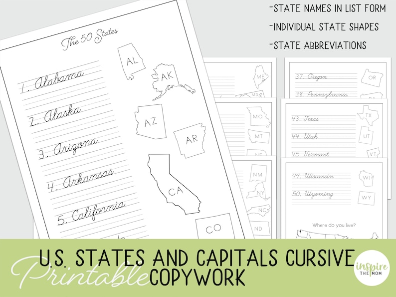 U.S. States and Capitals Cursive Copywork, Homeschool Printable ...