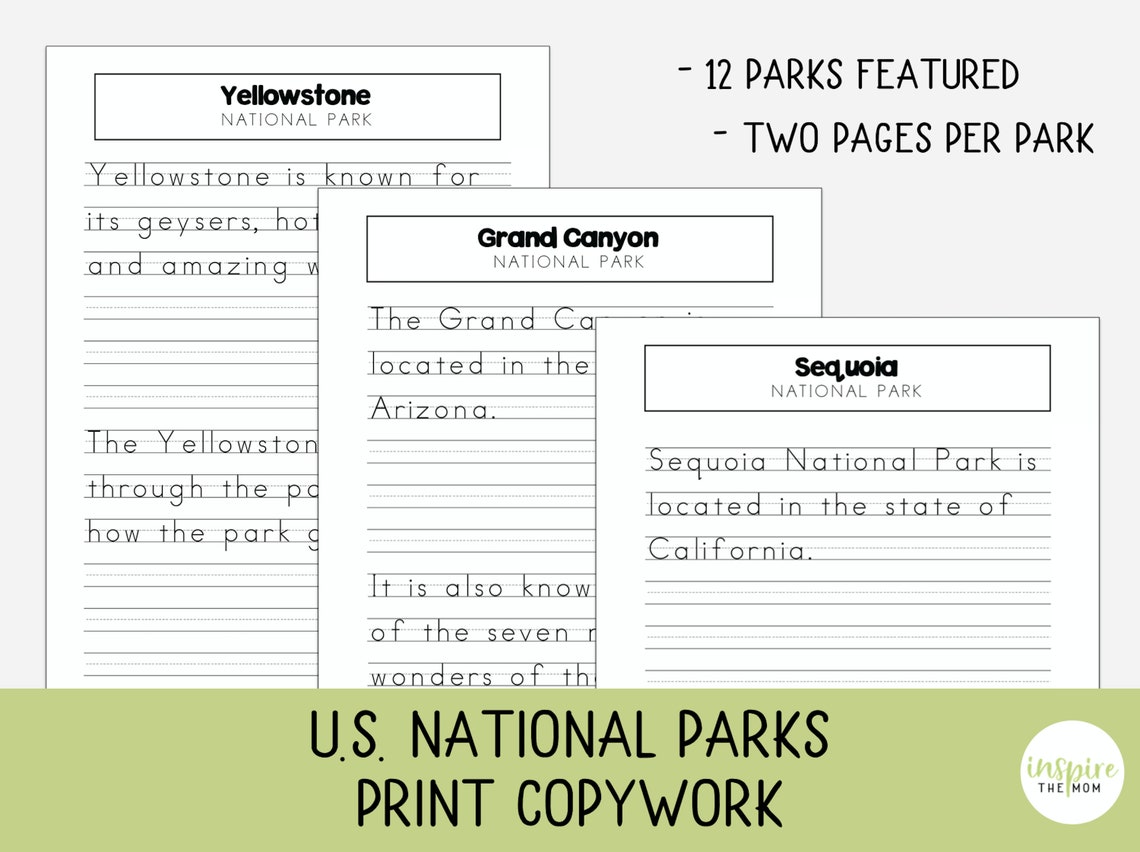 U.S. National Parks Print Copywork National Park Facts - Etsy