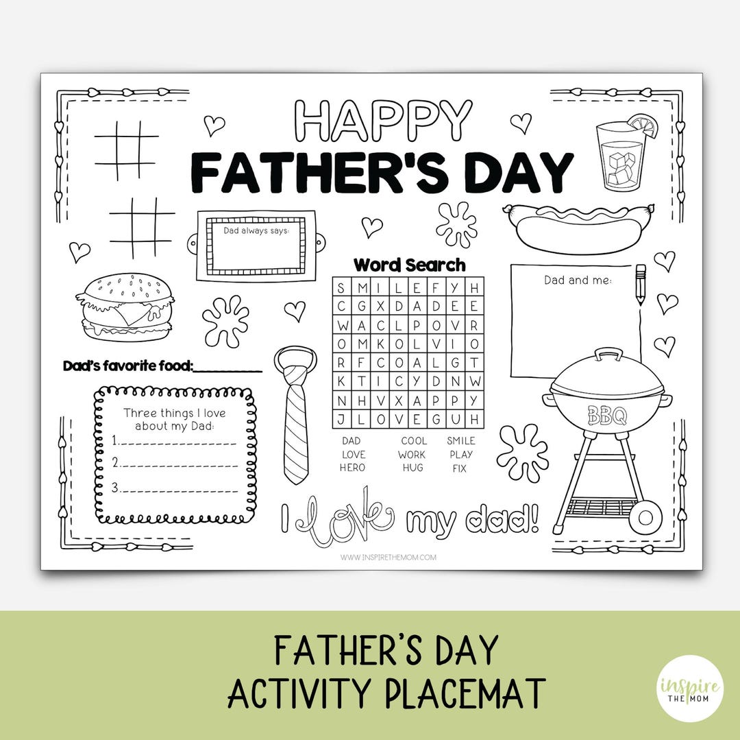 Father's Day Activity Placemat for Kids | Craft for Dad | Party ...