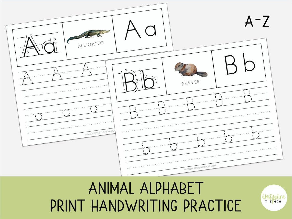 Animal Alphabet, Print Handwriting, Practice Pages, A-Z, Homeschool ...