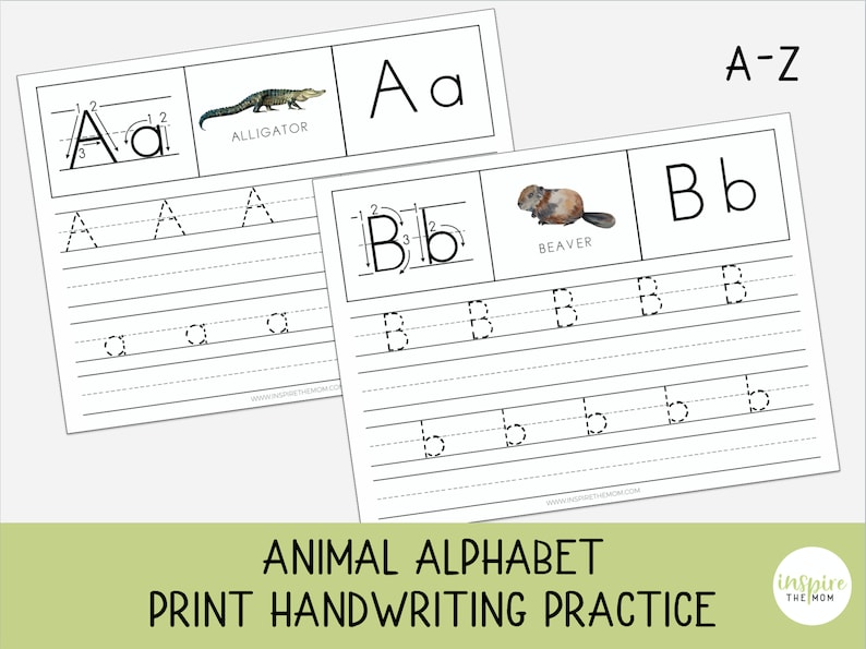 Animal Alphabet, Print Handwriting, Practice Pages, A-Z, Homeschool ...