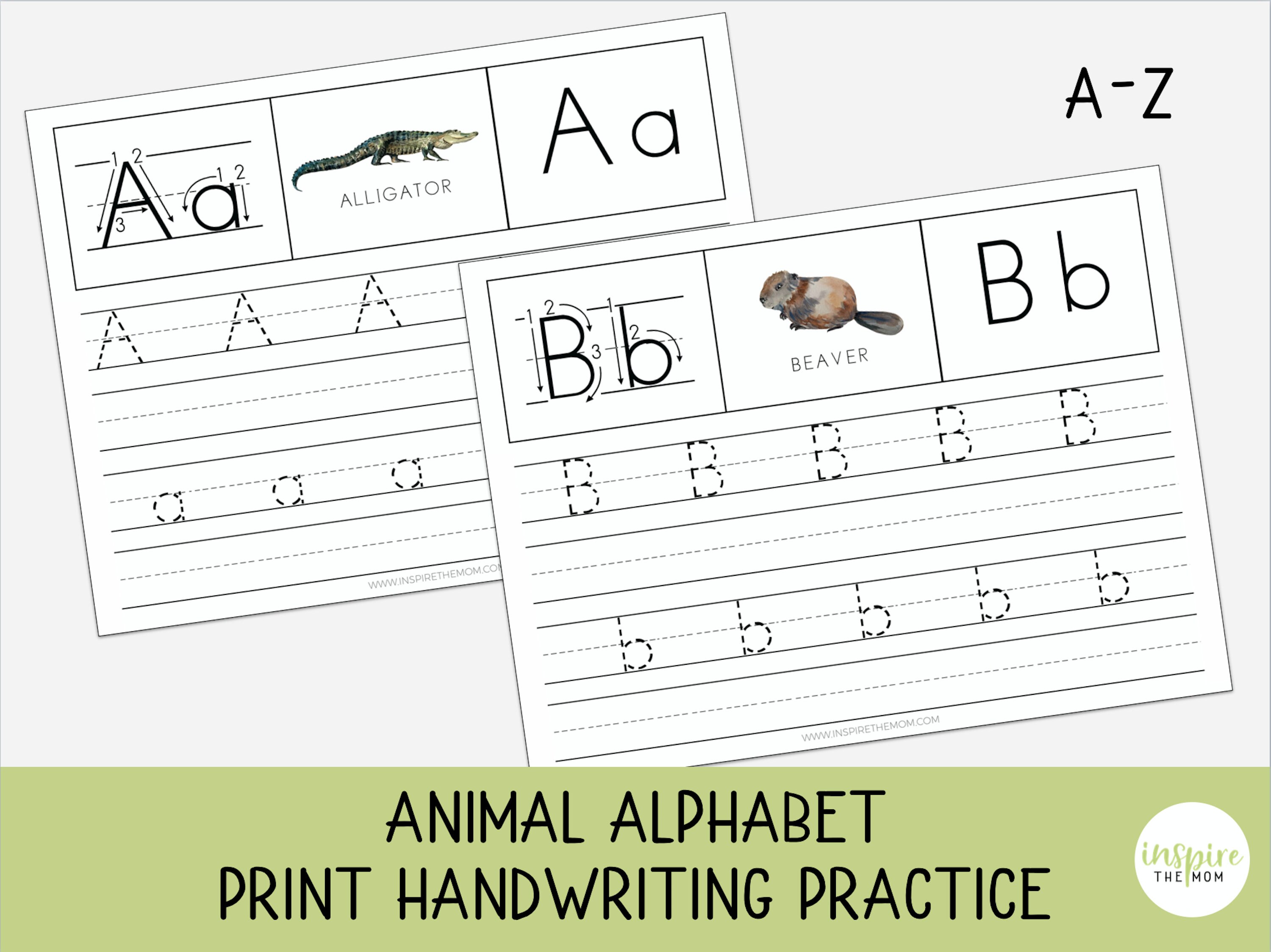 Animal Alphabet, Print Handwriting, Practice Pages, A-Z, Homeschool ...