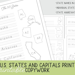 U.S. States and Capitals Print Copywork, Homeschool Printable ...