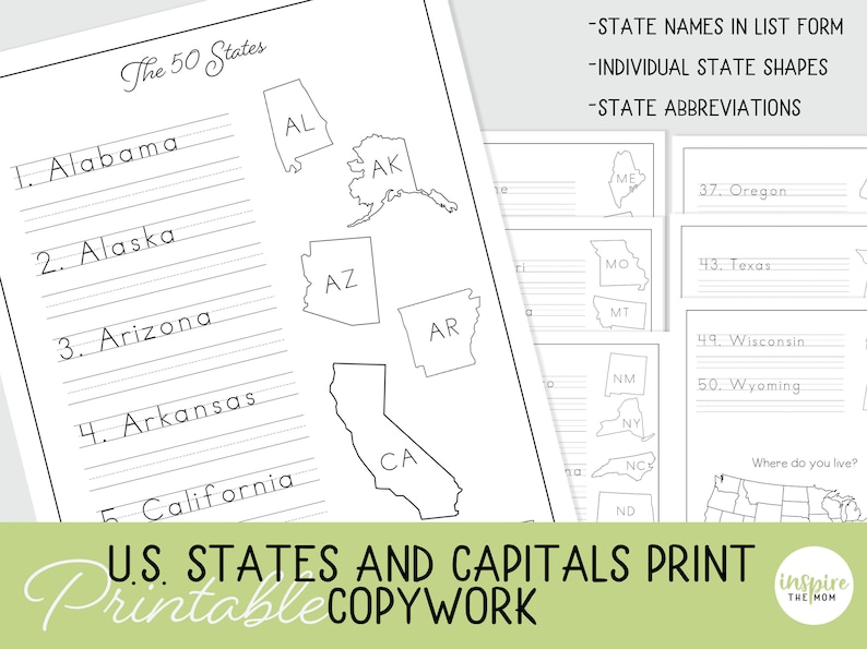 U.S. States and Capitals Print Copywork Homeschool Printable - Etsy