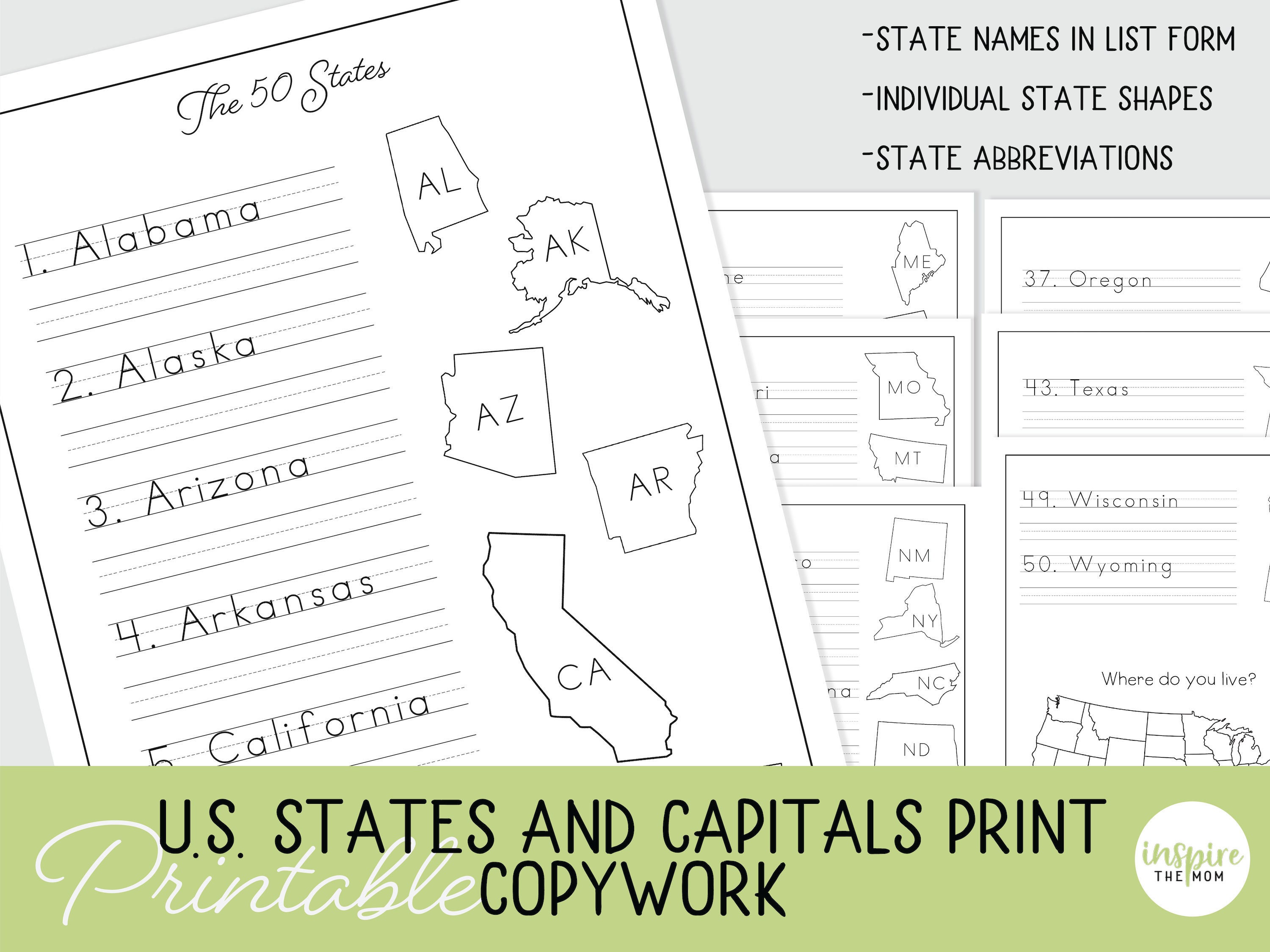 U.S. States and Capitals Print Copywork, Homeschool Printable ...
