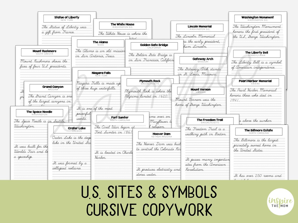 U.S. Sites and Symbols Cursive Copywork for Kids | Patriotic ...