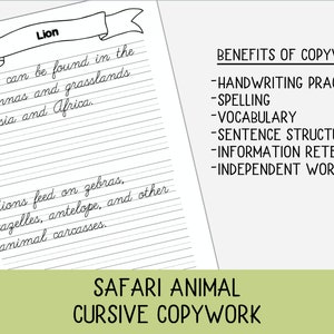 Safari Animals Cursive Copywork, Safari Animal Facts, Cursive ...