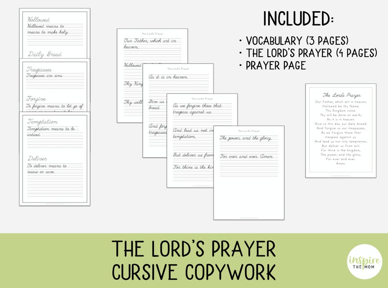 The Lord's Prayer Cursive Copywork, Homeschool Printable, Cursive ...