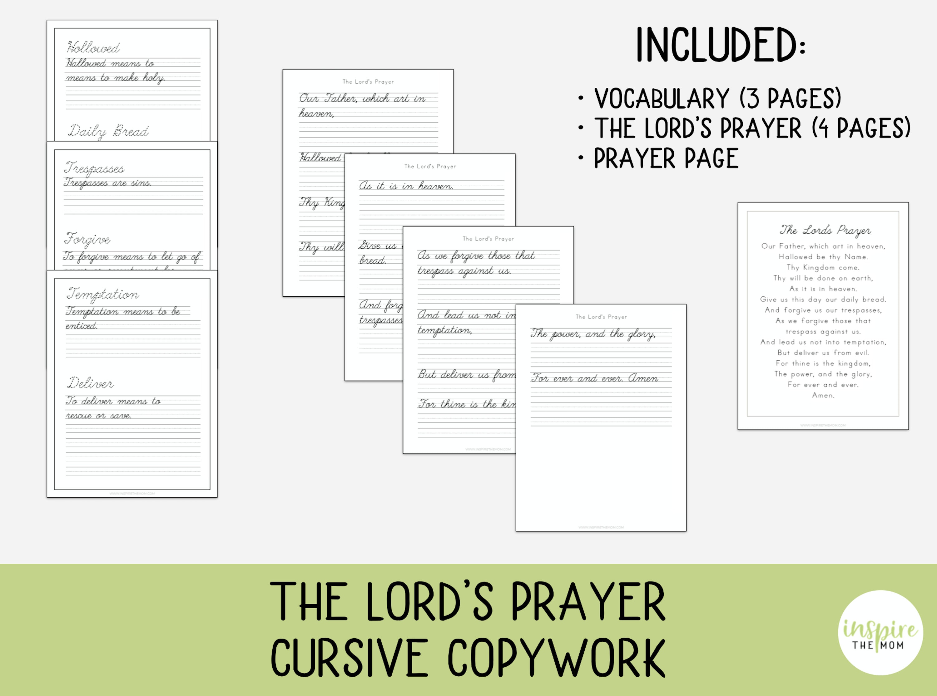 The Lord's Prayer Cursive Copywork, Homeschool Printable, Cursive ...