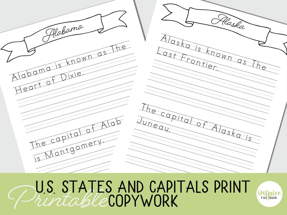 U.S. States and Capitals Print Copywork, Homeschool Printable ...
