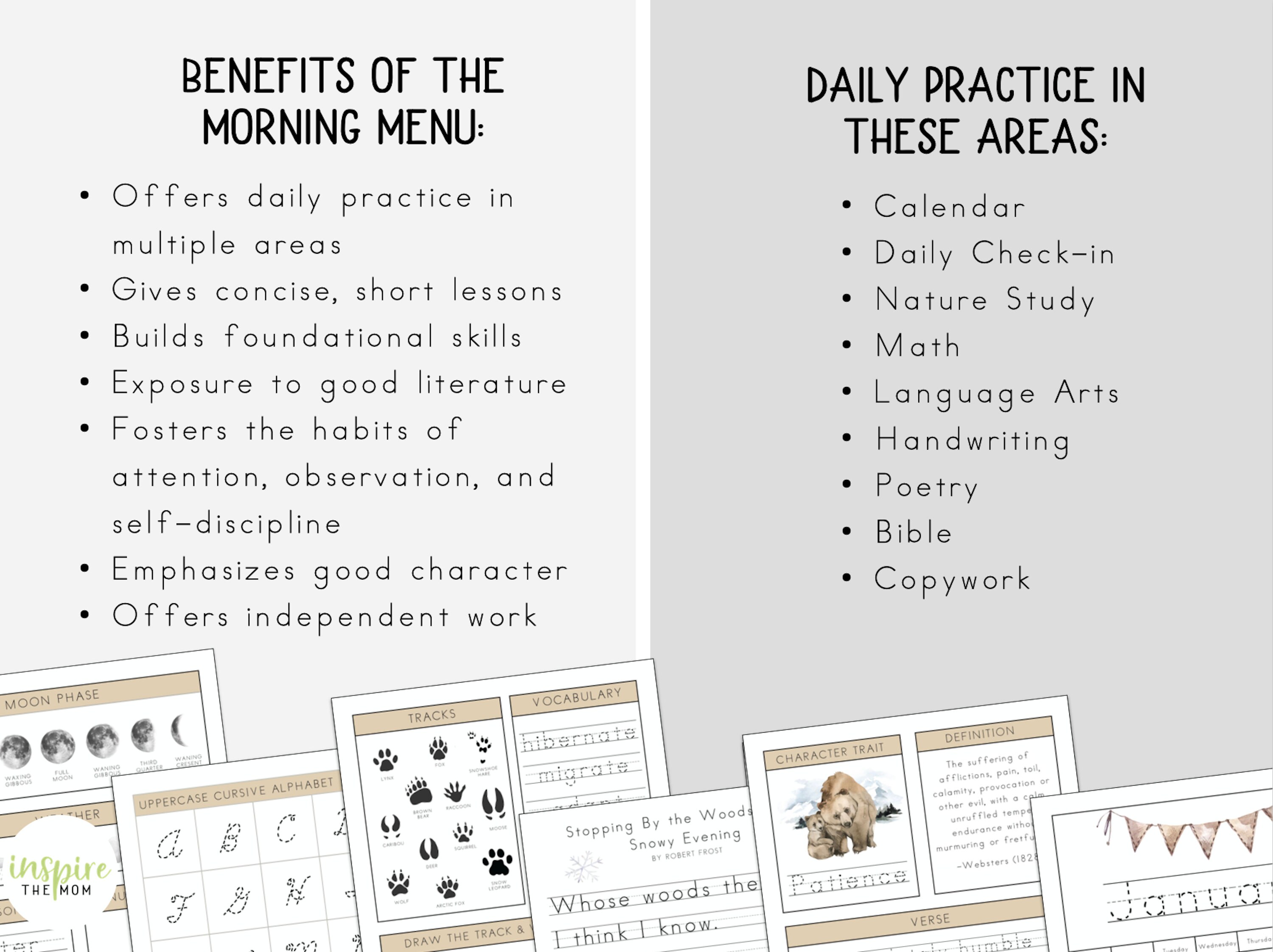 Morning Menu Pages for January, Homeschool Printable, Morning Time ...