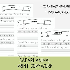 Safari Animals Print Copywork, Safari Animal Facts, Print Handwriting ...