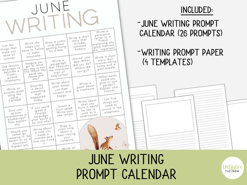 June Writing Prompts Calendar for Kids | Writing Practice | Journal ...