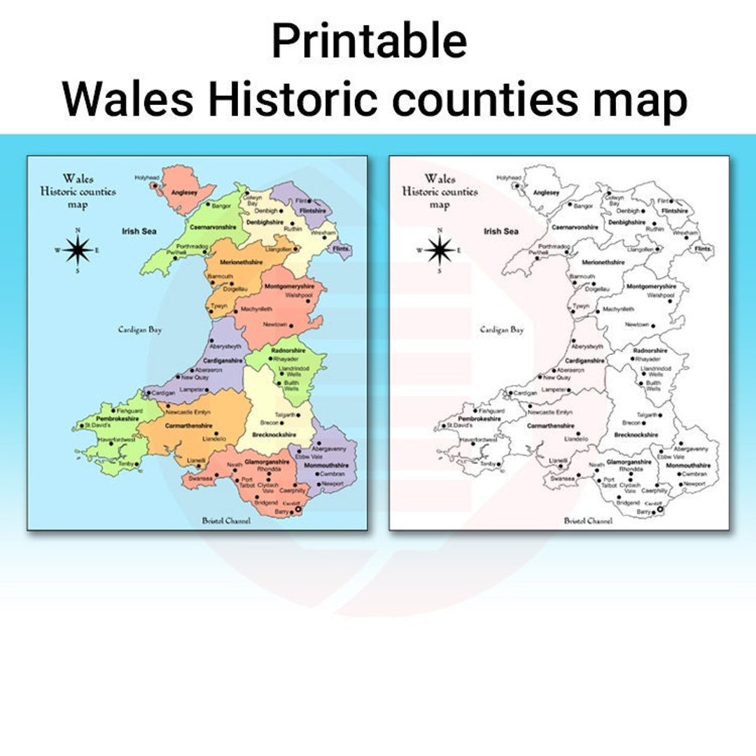 Printable Wales Map Great Britain UK Map Welsh Historic Counties Map ...