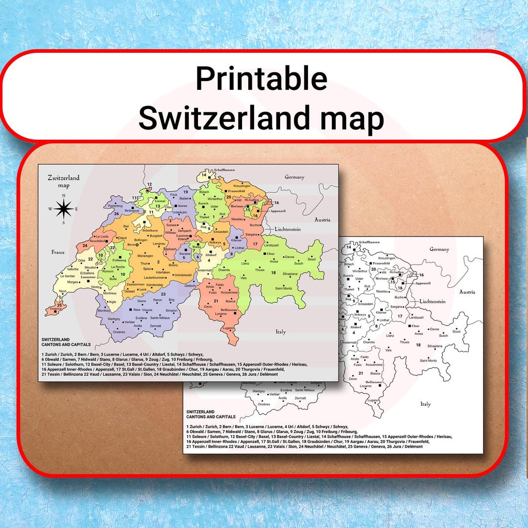 Printable Switzerland Map Country Map Travel Map Plans Home Decor Room ...
