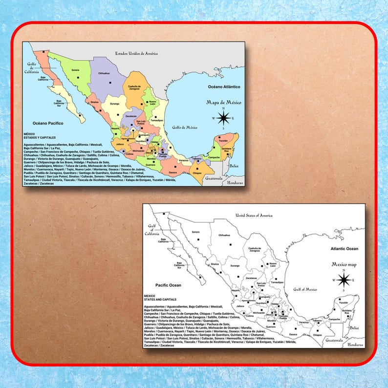 Printable Mexico Political Map Spanish and English Travel Plans Journal ...
