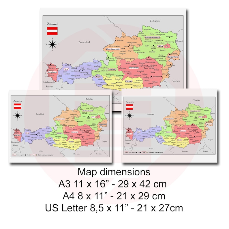 Printable Austria Political Map Travel Plans School Supplies Digital ...